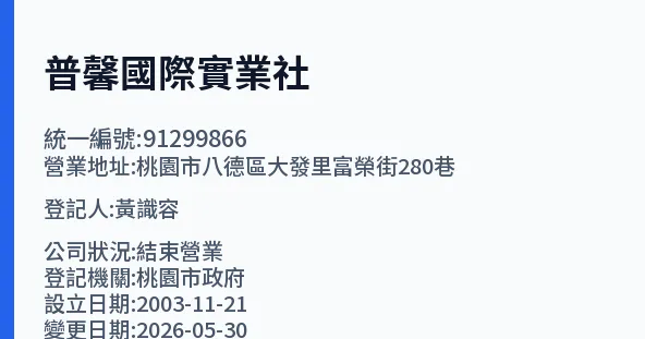 普馨國際實業社的照片-統編 91299866(桃園市) 公司登記資料與營業項目詳細圖表