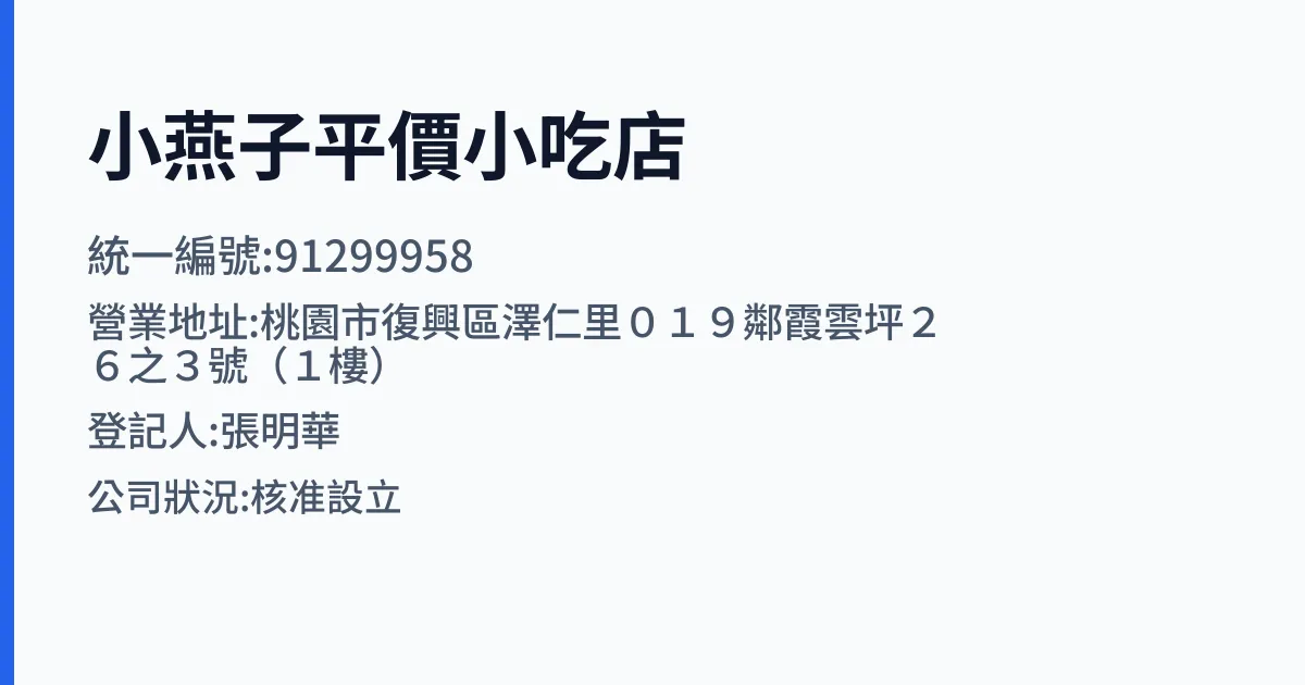 小燕子平價小吃店 - 統編 91299958(桃園市) 公司登記資料與營業項目詳細圖表