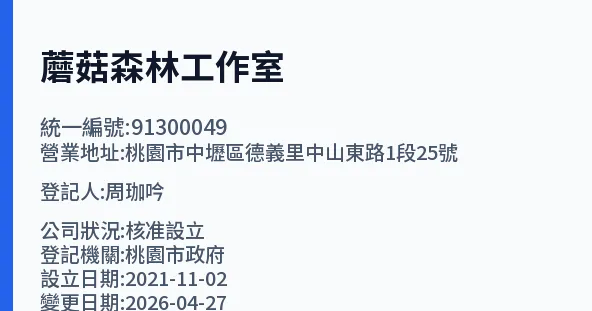 蘑菇森林工作室的照片-統編 91300049(桃園市) 公司登記資料與營業項目詳細圖表