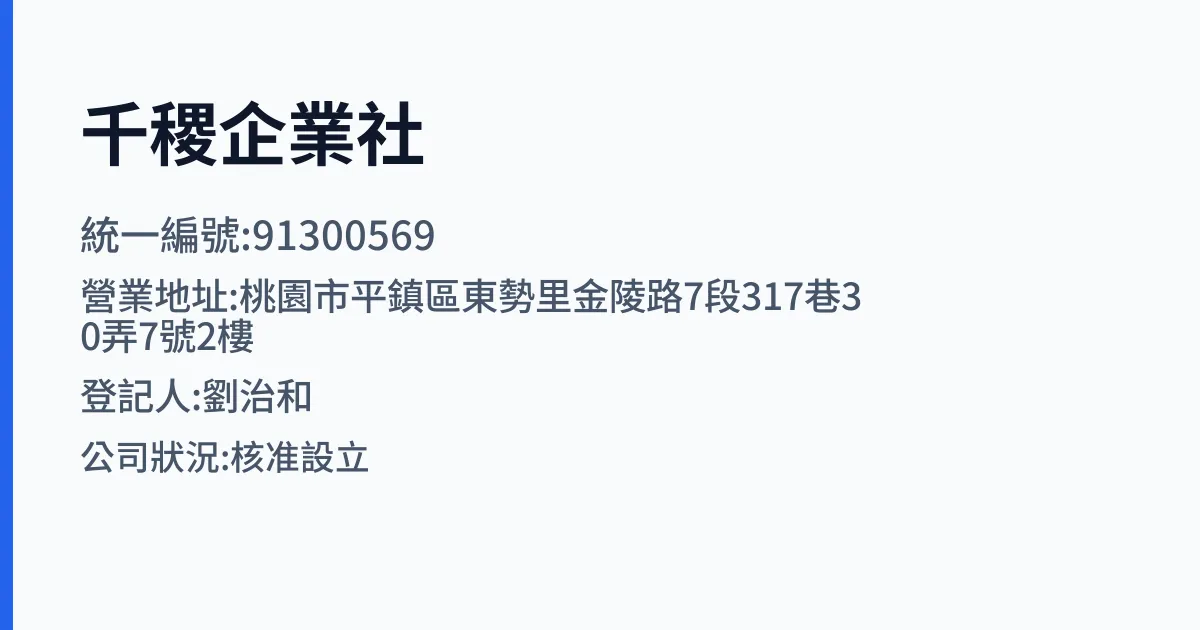 千稷企業社 - 統編 91300569(桃園市) 公司登記資料與營業項目詳細圖表