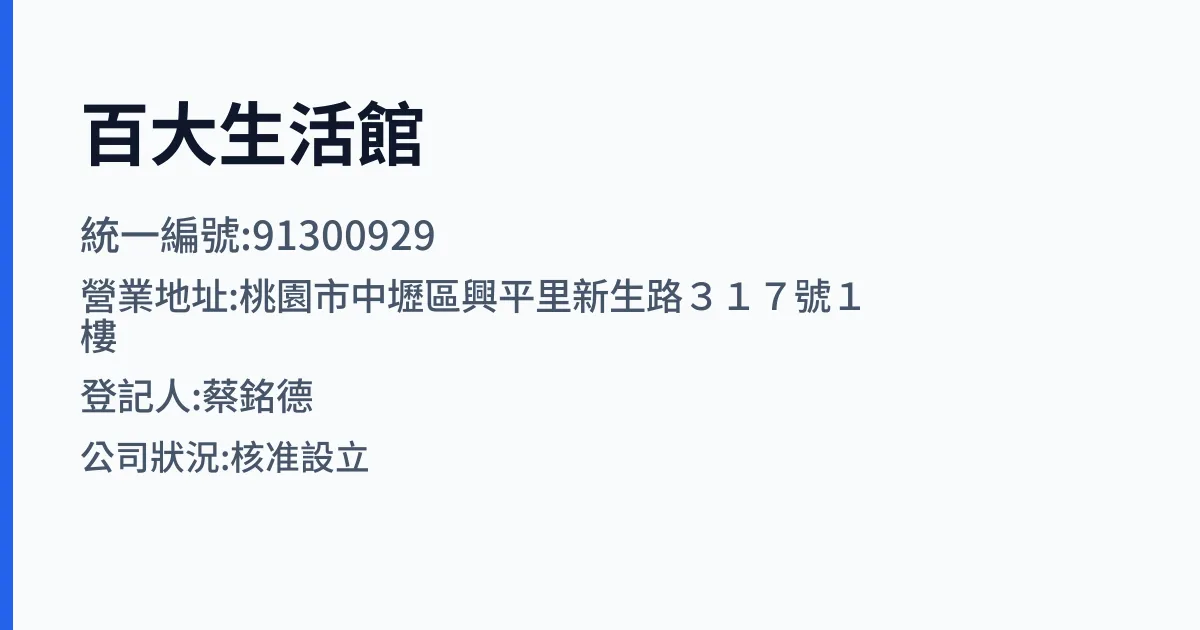 百大生活館 - 統編 91300929(桃園市) 公司登記資料與營業項目詳細圖表