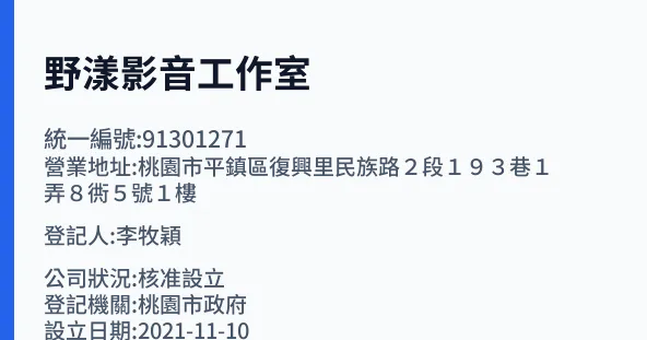 野漾影音工作室的照片-統編 91301271(桃園市) 公司登記資料與營業項目詳細圖表