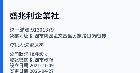 盛兆利企業社的照片-統編 91301379(桃園市) 公司登記資料與營業項目詳細圖表