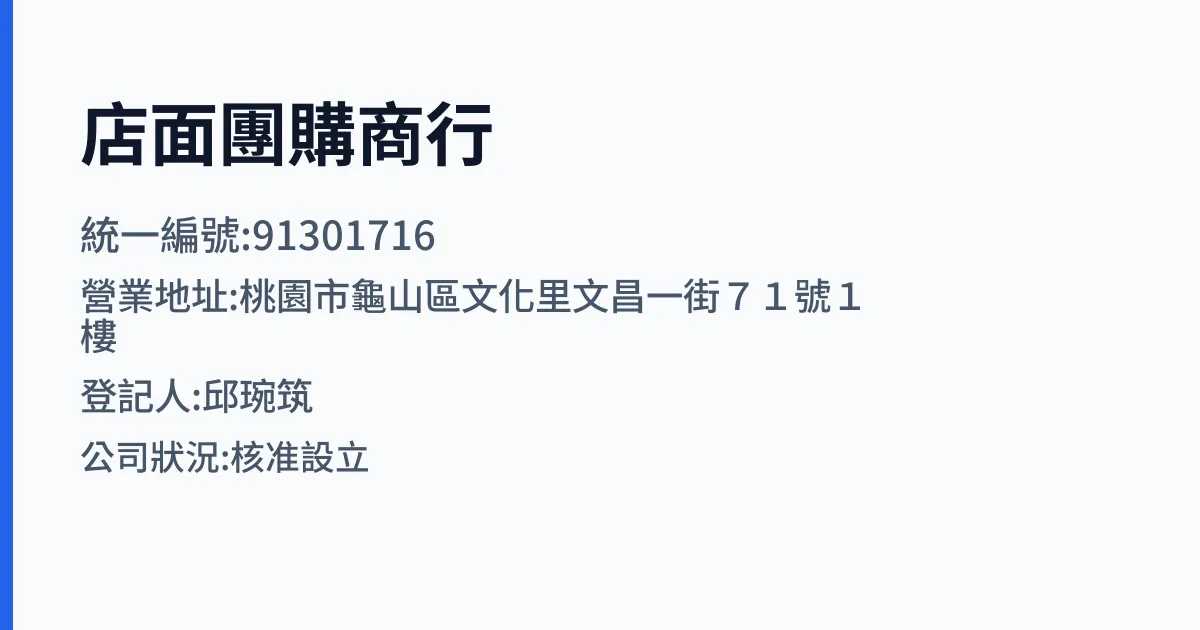 店面團購商行 - 統編 91301716(桃園市) 公司登記資料與營業項目詳細圖表