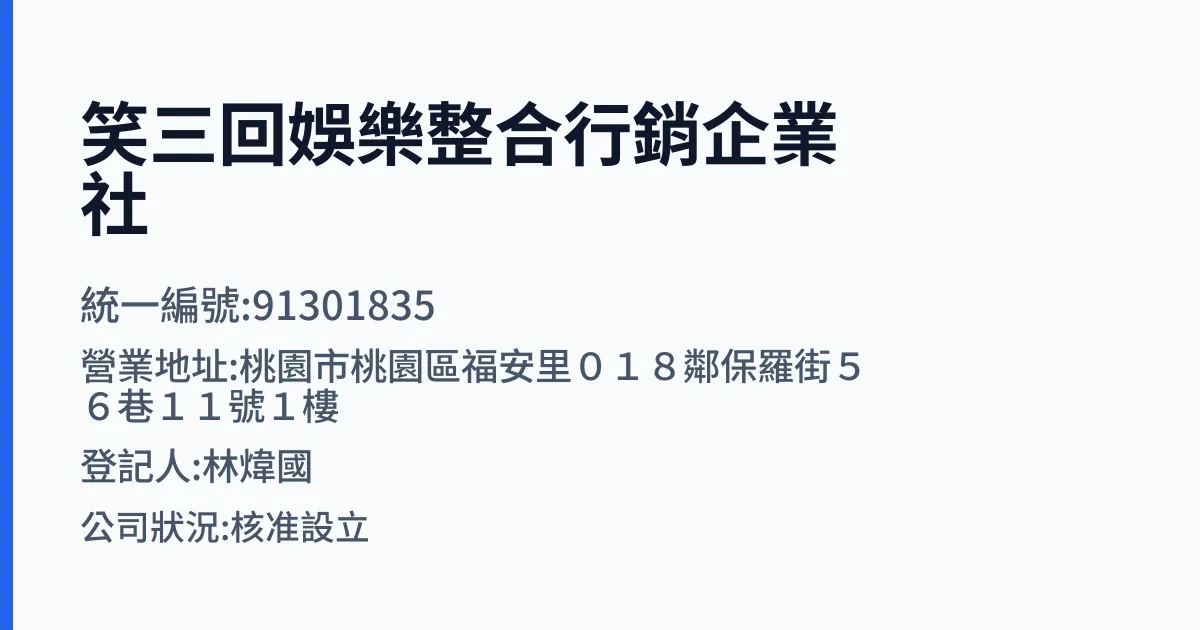 笑三回娛樂整合行銷企業社 - 統編 91301835（桃園市） 公司登記資料與營業項目詳細圖表