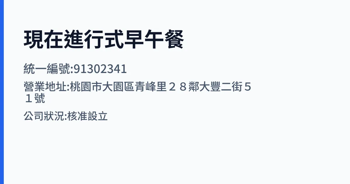 現在進行式早午餐 - 統編 91302341(桃園市) 公司登記資料與營業項目詳細圖表