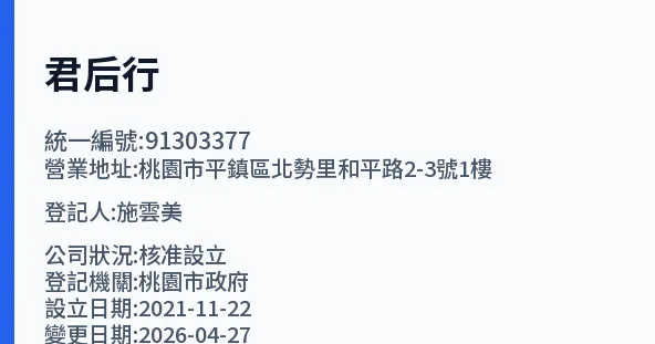 君后行的照片-統編 91303377(桃園市) 公司登記資料與營業項目詳細圖表