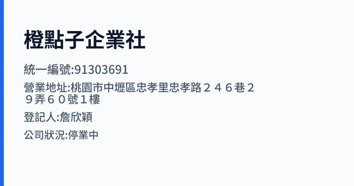 橙點子企業社 - 統編 91303691(桃園市) 公司登記資料與營業項目詳細圖表