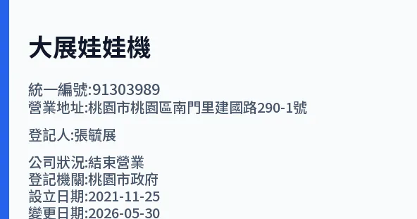 大展娃娃機的照片-統編 91303989(桃園市) 公司登記資料與營業項目詳細圖表
