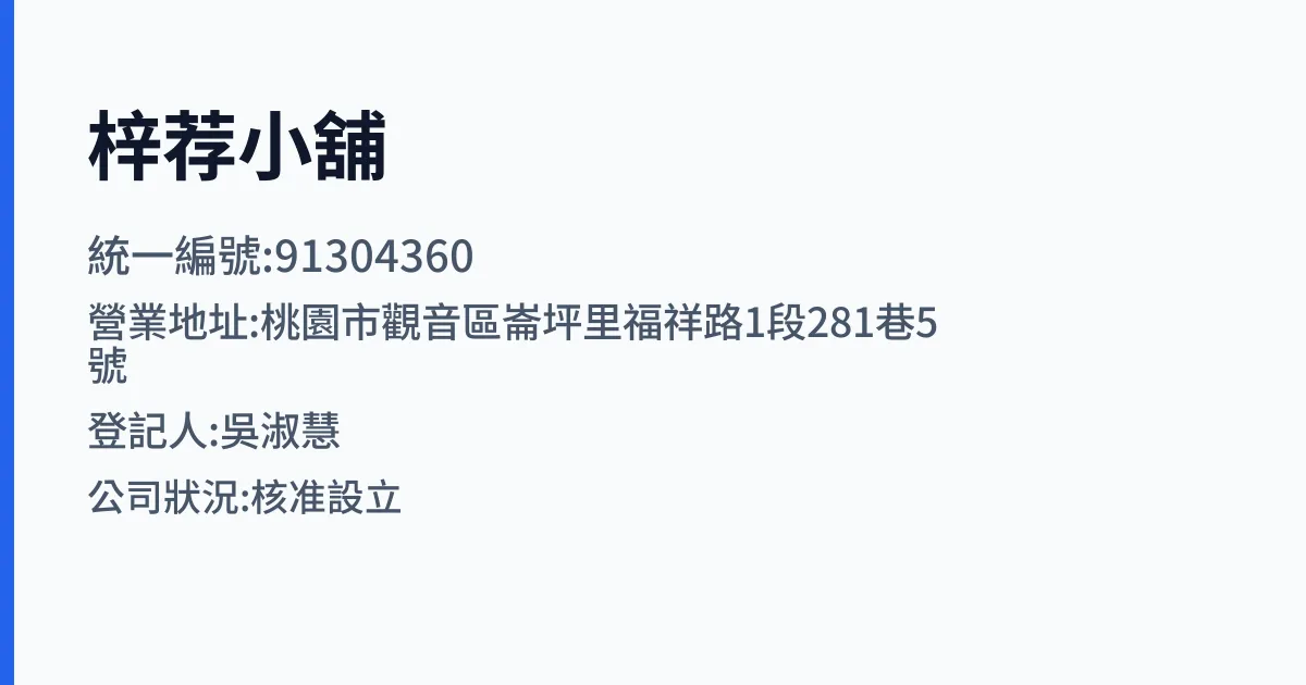 梓荐小舖 - 統編 91304360(桃園市) 公司登記資料與營業項目詳細圖表