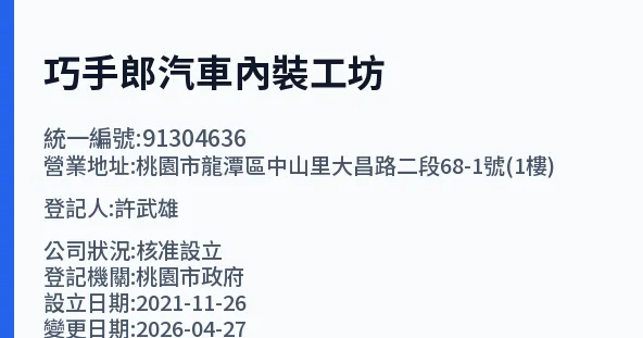 巧手郎汽車內裝工坊的照片-統編 91304636(桃園市) 公司登記資料與營業項目詳細圖表