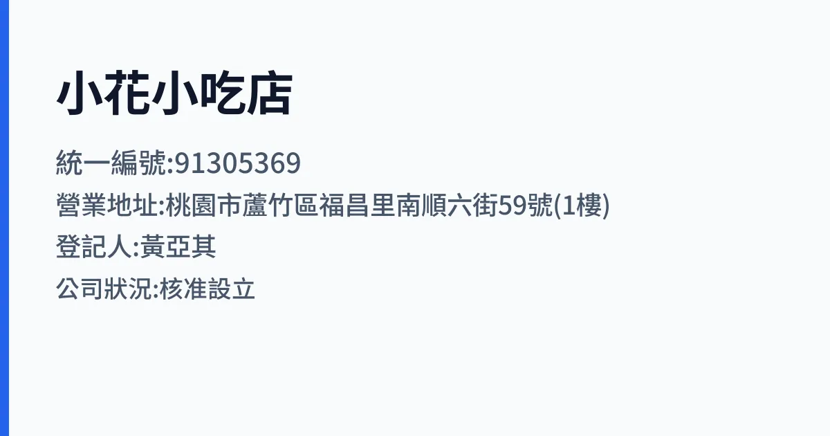 小花小吃店 - 統編 91305369(桃園市) 公司登記資料與營業項目詳細圖表