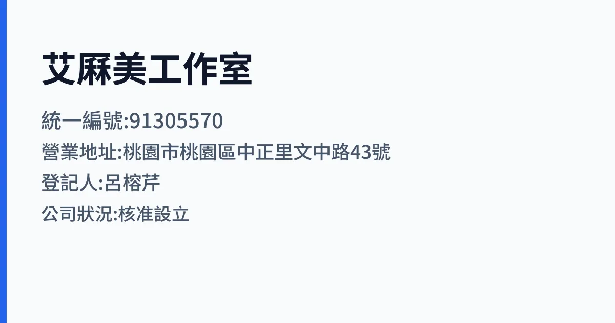 艾厤美工作室 - 統編 91305570 (桃園市) 公司登記資料與營業項目詳細圖表