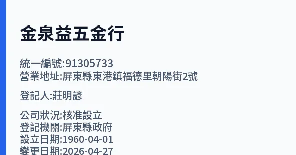 金泉益五金行的照片-統編 91305733(屏東縣) 公司登記資料與營業項目詳細圖表