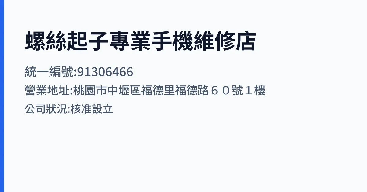 螺絲起子專業手機維修店 - 統編 91306466(桃園市) 公司登記資料與營業項目詳細圖表