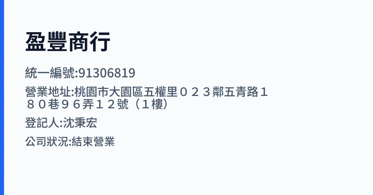 盈豐商行 - 統編 91306819(桃園市) 公司登記資料與營業項目詳細圖表