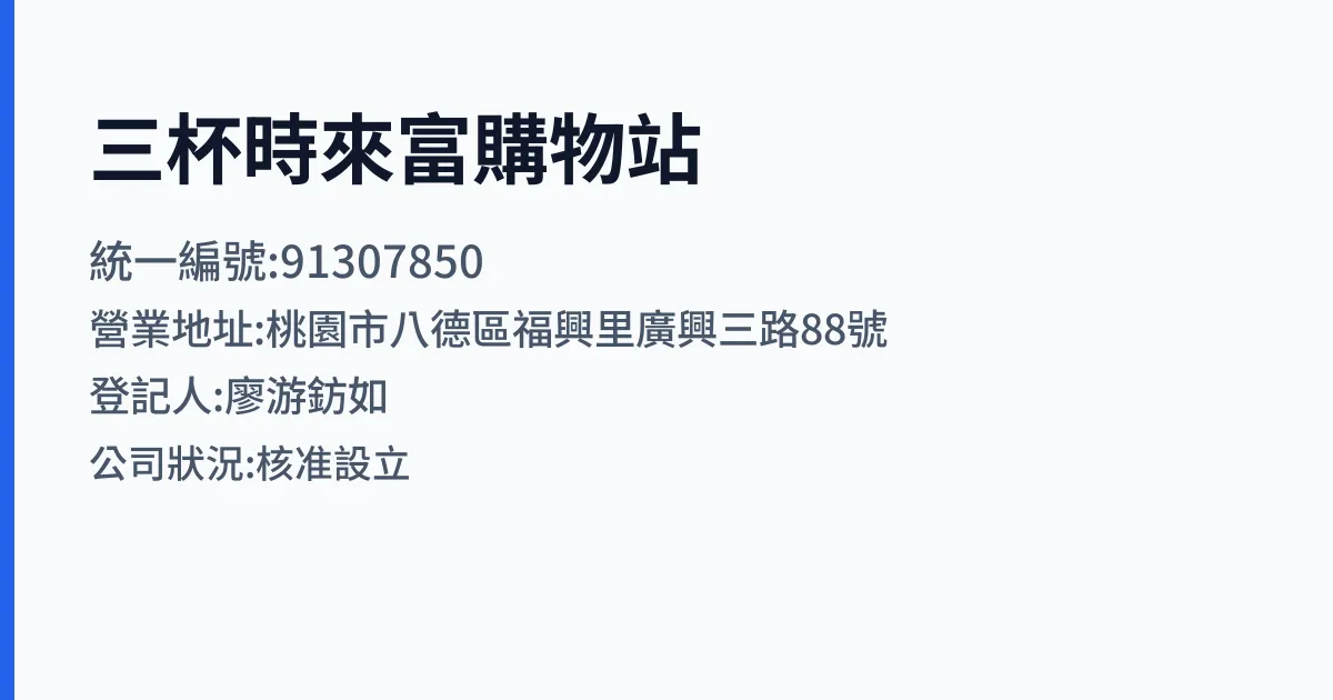 三杯時來富購物站 - 統編 91307850(桃園市) 公司登記資料與營業項目詳細圖表
