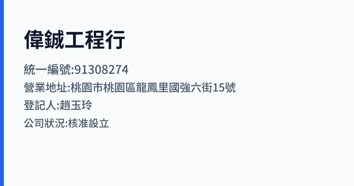偉鋮工程行 - 統編 91308274(桃園市) 公司登記資料與營業項目詳細圖表