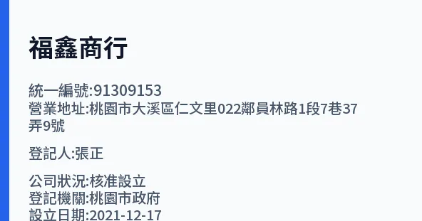 福鑫商行的照片-統編 91309153(桃園市) 公司登記資料與營業項目詳細圖表