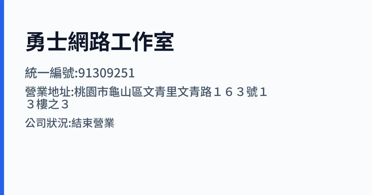 勇士網路工作室 - 統編 91309251(桃園市) 公司登記資料與營業項目詳細圖表