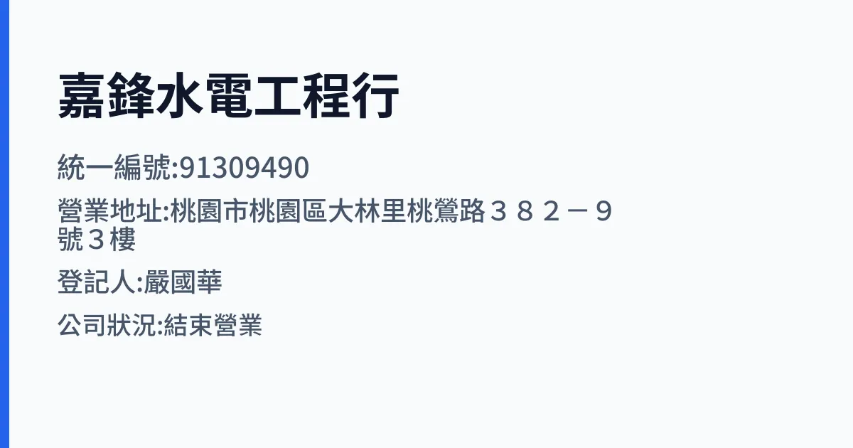 嘉鋒水電工程行 - 統編 91309490(桃園市) 公司登記資料與營業項目詳細圖表