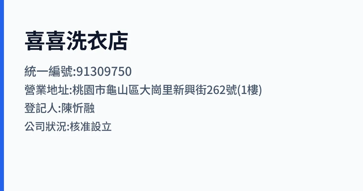 喜喜洗衣店 - 統編 91309750(桃園市) 公司登記資料與營業項目詳細圖表