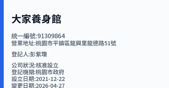 大家養身館的照片-統編 91309864(桃園市) 公司登記資料與營業項目詳細圖表