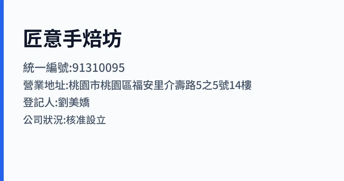 匠意手焙坊 - 統編 91310095(桃園市) 公司登記資料與營業項目詳細圖表