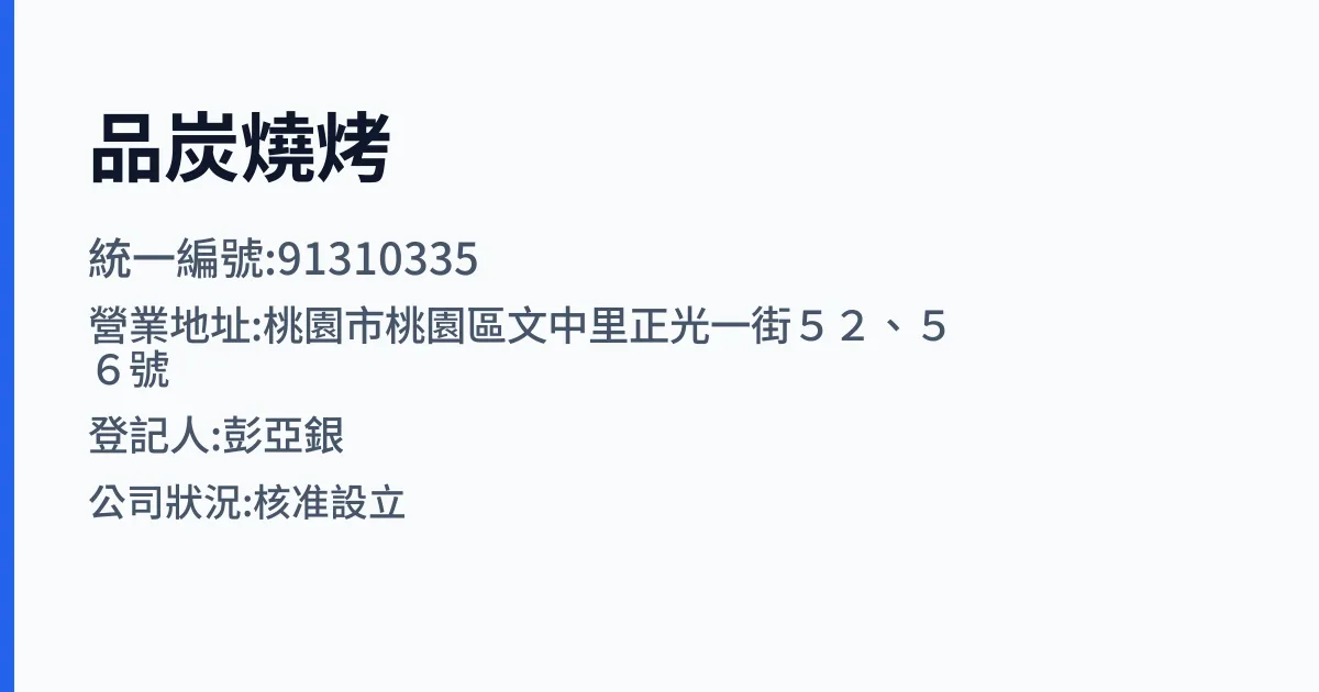 品炭燒烤 - 統編 91310335(桃園市) 公司登記資料與營業項目詳細圖表