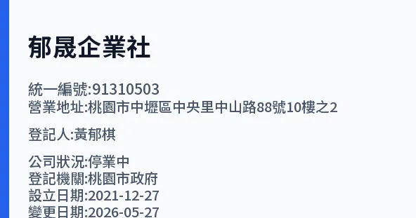 郁晟企業社的照片-統編 91310503(桃園市) 公司登記資料與營業項目詳細圖表