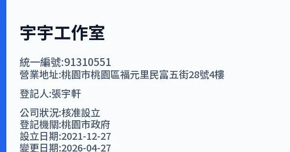 宇宇工作室的照片-統編 91310551(桃園市) 公司登記資料與營業項目詳細圖表