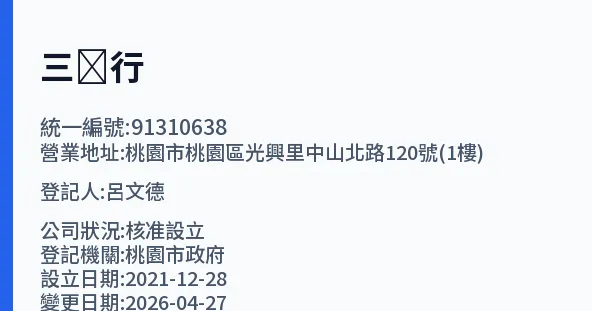 三柇行的照片-統編 91310638(桃園市) 公司登記資料與營業項目詳細圖表