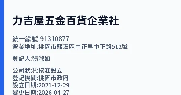 力吉屋五金百貨企業社的照片-統編 91310877(桃園市) 公司登記資料與營業項目詳細圖表