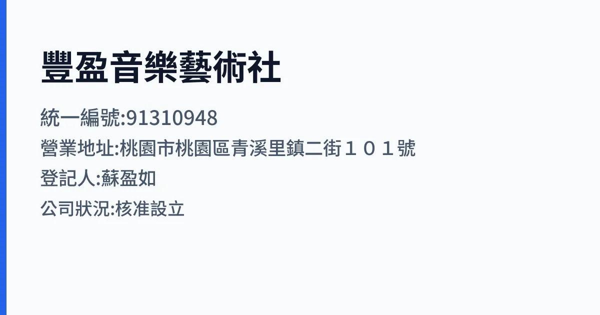 豐盈音樂藝術社 - 統編 91310948(桃園市) 公司登記資料與營業項目詳細圖表