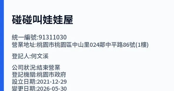 碰碰叫娃娃屋的照片-統編 91311030(桃園市) 公司登記資料與營業項目詳細圖表