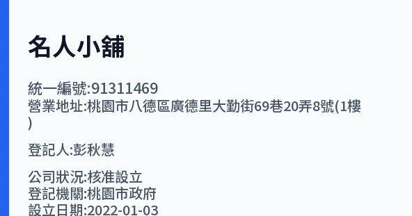 名人小舖的照片-統編 91311469(桃園市) 公司登記資料與營業項目詳細圖表