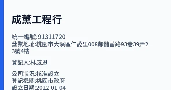 成薰工程行的照片-統編 91311720(桃園市) 公司登記資料與營業項目詳細圖表