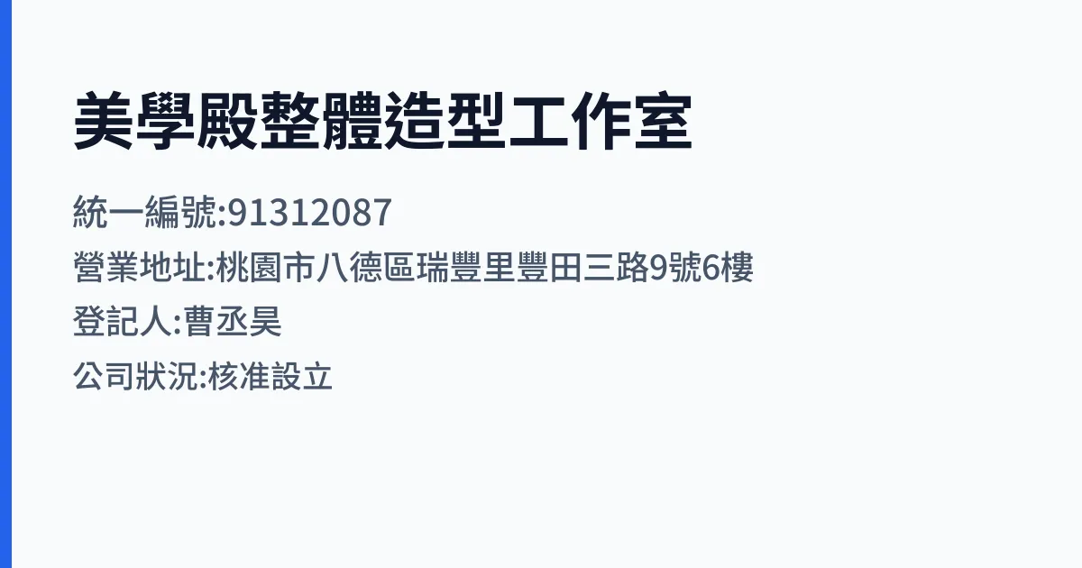美學殿整體造型工作室 - 統編 91312087(桃園市) 公司登記資料與營業項目詳細圖表