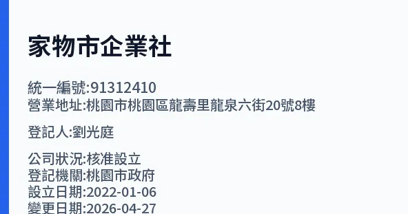 家物市企業社的照片-統編 91312410(桃園市) 公司登記資料與營業項目詳細圖表