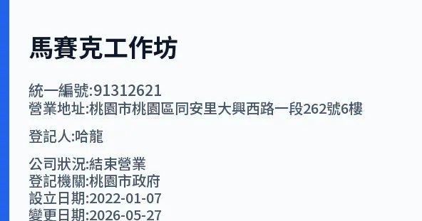 馬賽克工作坊的照片-統編 91312621(桃園市) 公司登記資料與營業項目詳細圖表