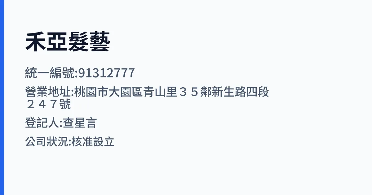 禾亞髮藝 - 統編 91312777(桃園市) 公司登記資料與營業項目詳細圖表