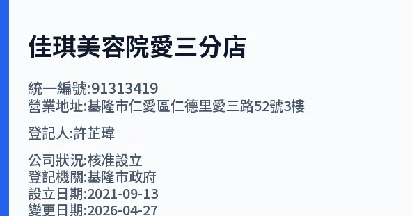 佳琪美容院愛三分店的照片-統編 91313419(基隆市) 公司登記資料與營業項目詳細圖表