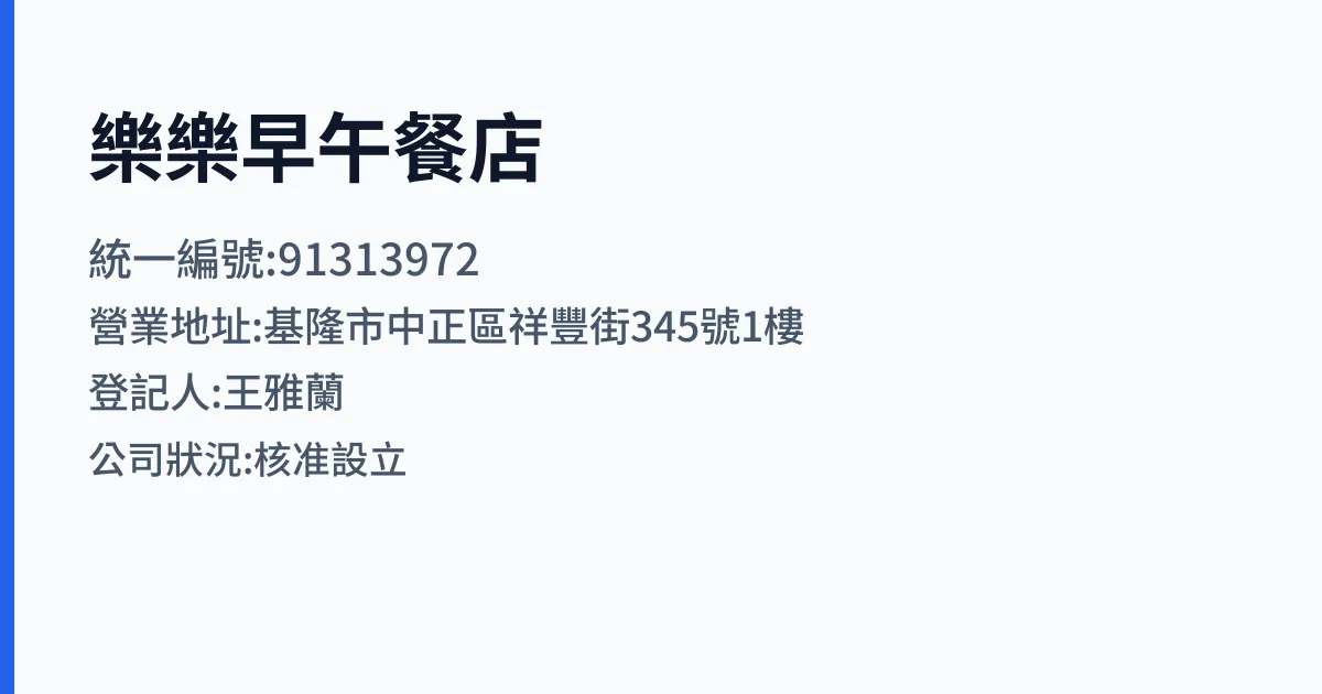 樂樂早午餐店 - 統編 91313972(基隆市) 公司登記資料與營業項目詳細圖表