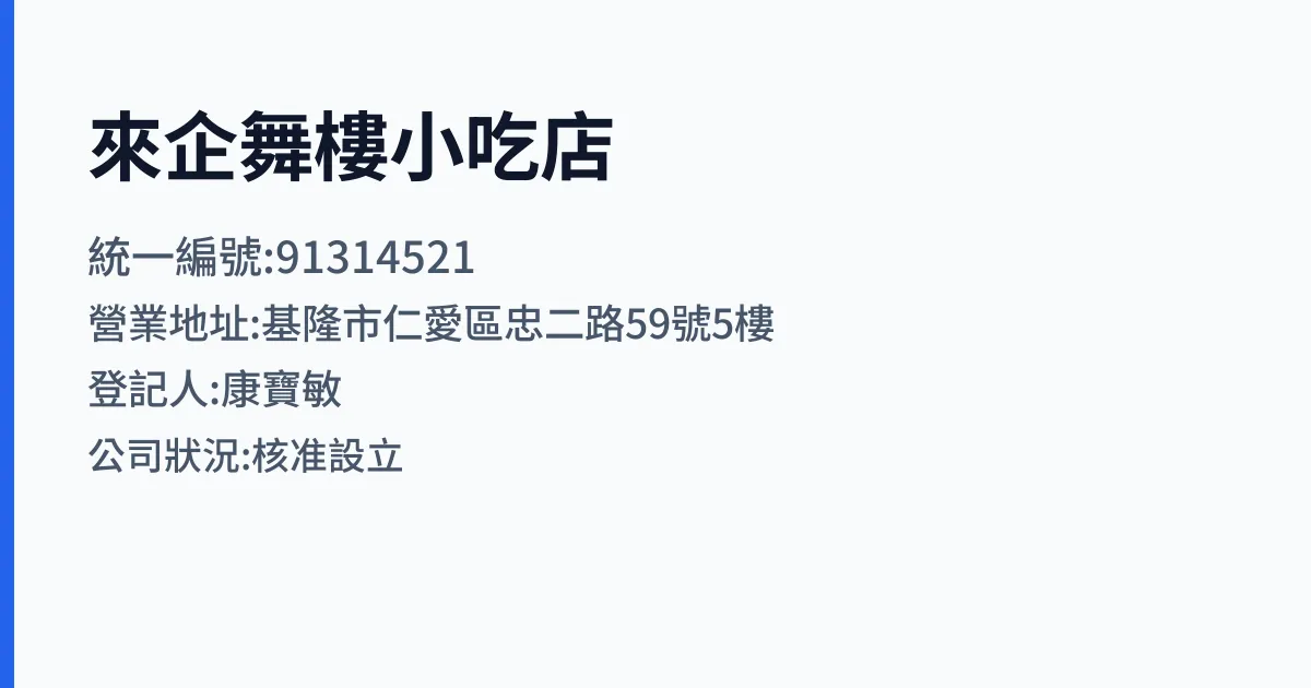 來企舞樓小吃店 - 統編 91314521(基隆市) 公司登記資料與營業項目詳細圖表
