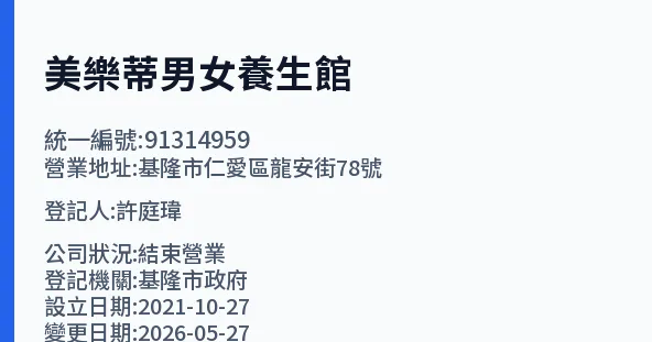 美樂蒂男女養生館的照片-統編 91314959(基隆市) 公司登記資料與營業項目詳細圖表