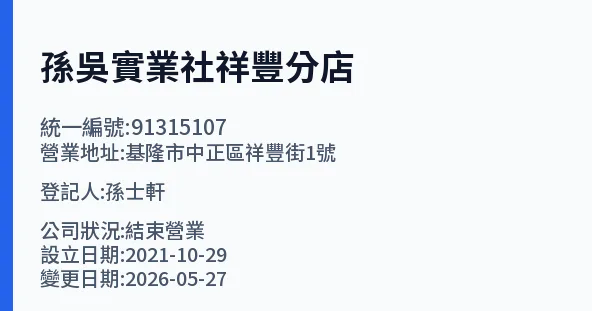 孫吳實業社祥豐分店的照片-統編 91315107(基隆市) 公司登記資料與營業項目詳細圖表