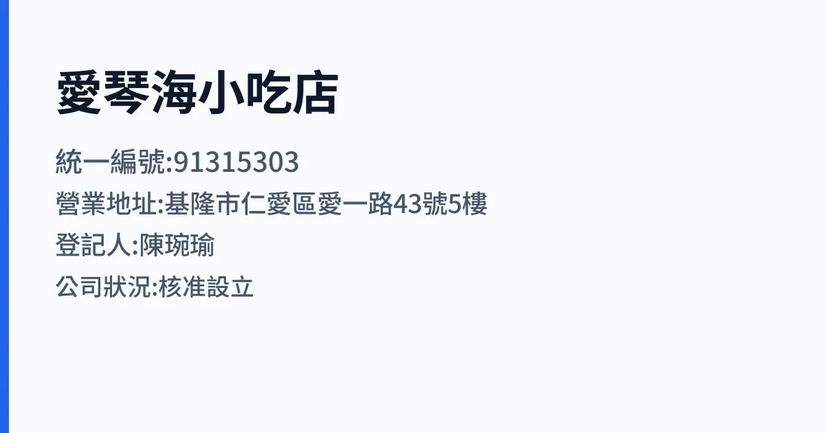 愛琴海小吃店 - 統編 91315303(基隆市) 公司登記資料與營業項目詳細圖表