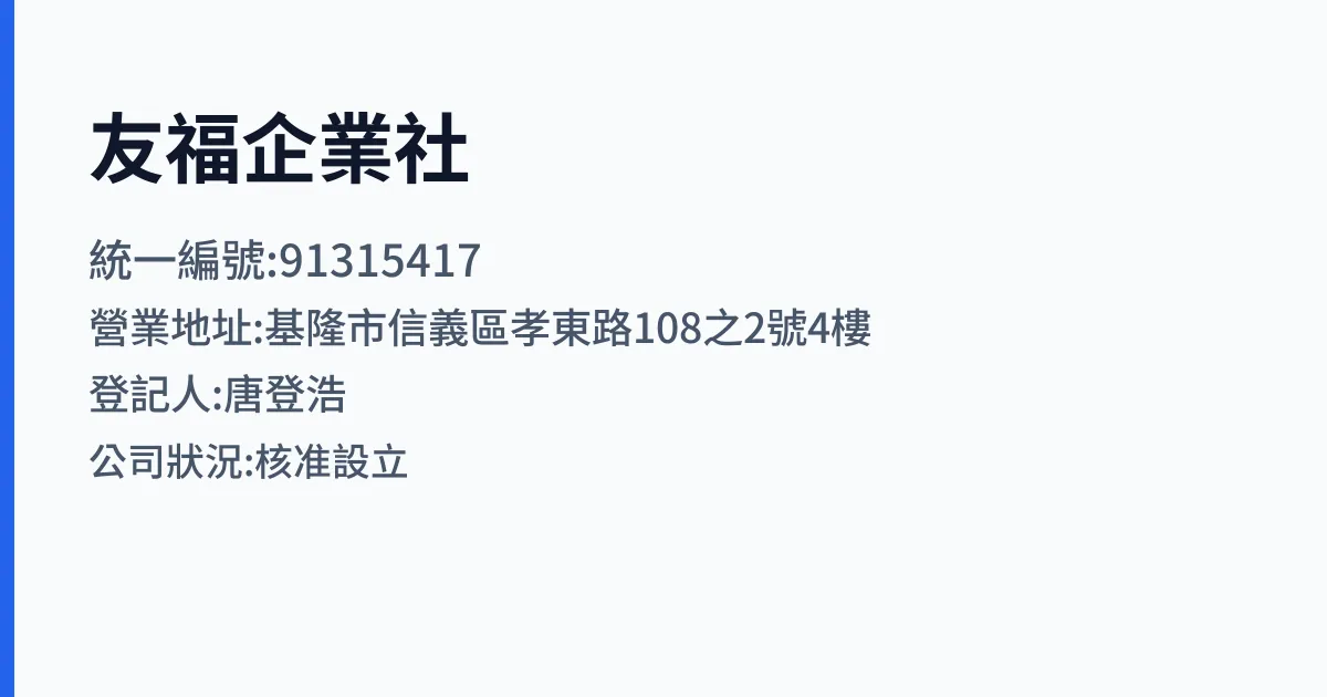 友福企業社 - 統編 91315417(基隆市) 公司登記資料與營業項目詳細圖表