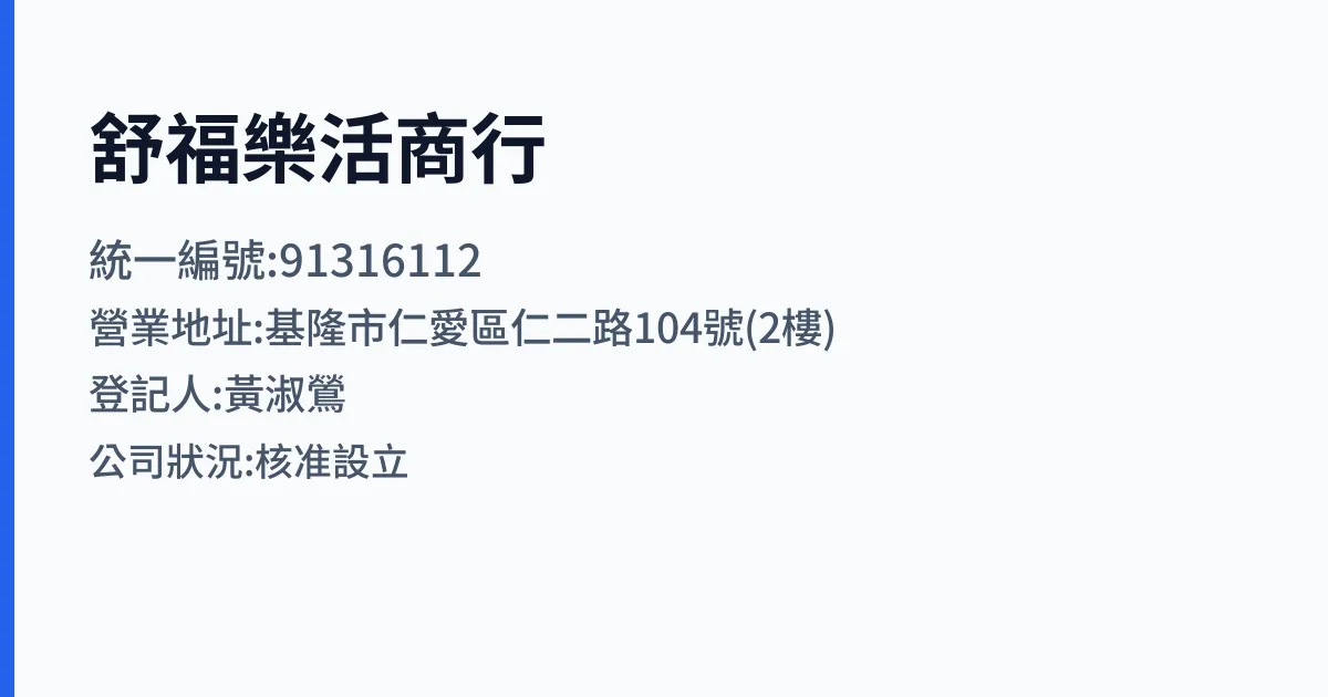 舒福樂活商行 - 統編 91316112(基隆市) 公司登記資料與營業項目詳細圖表
