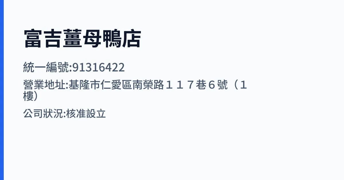 富吉薑母鴨店 - 統編 91316422(基隆市) 公司登記資料與營業項目詳細圖表